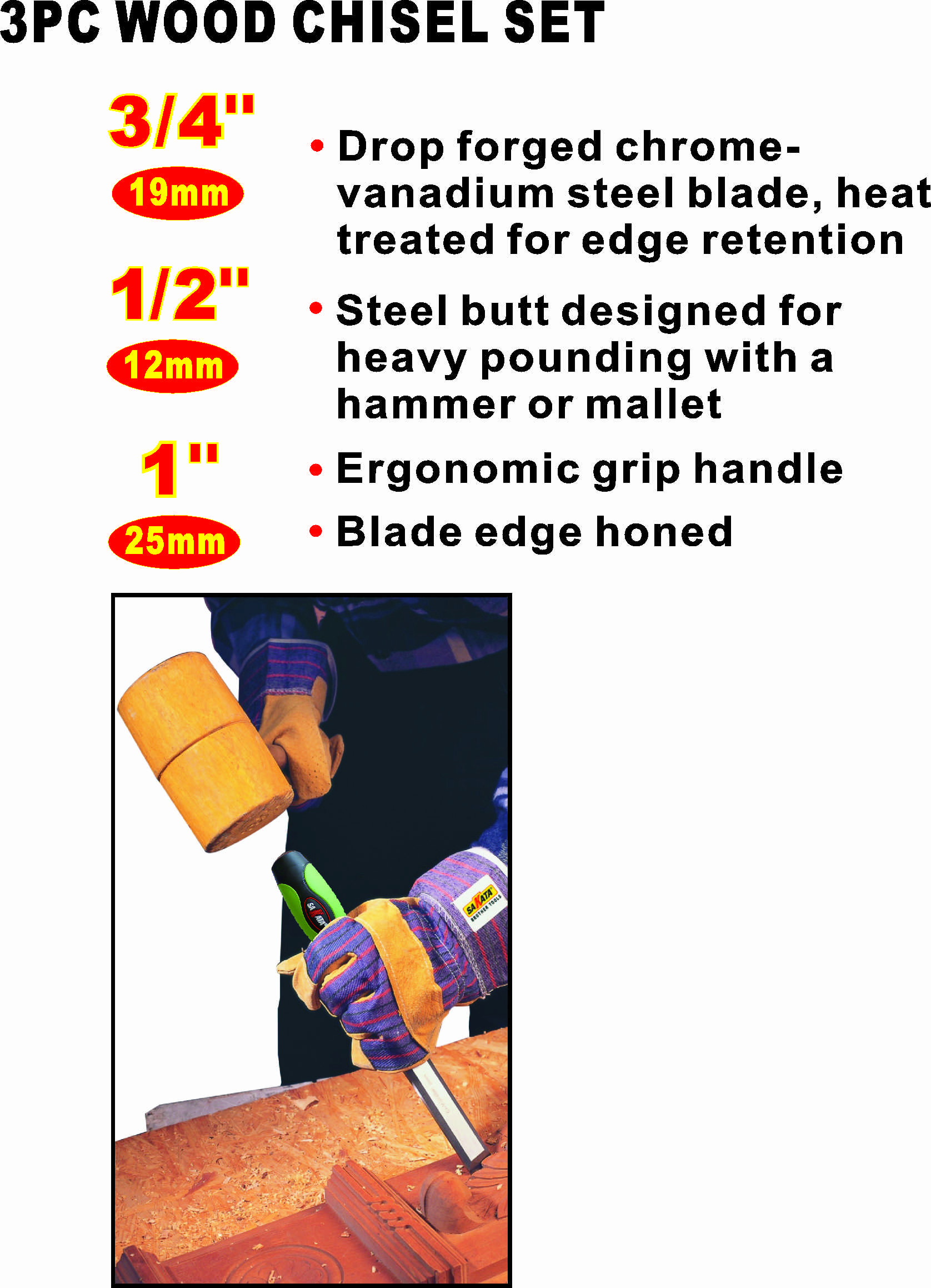 3PC WOOD CHISEL SET
